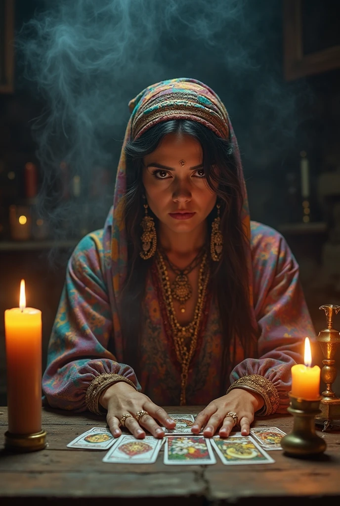 A mysterious gypsy woman sits at a dimly lit wooden table, surrounded ...