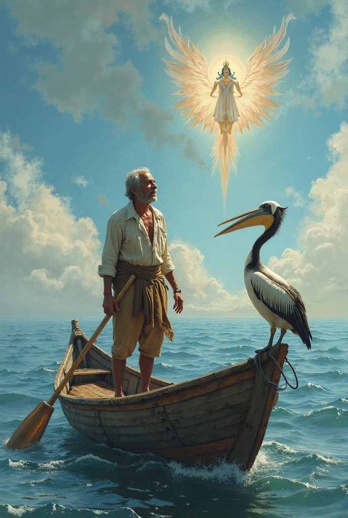 Peruvian fisherman with a pelican next to him on top of a boat and a ...