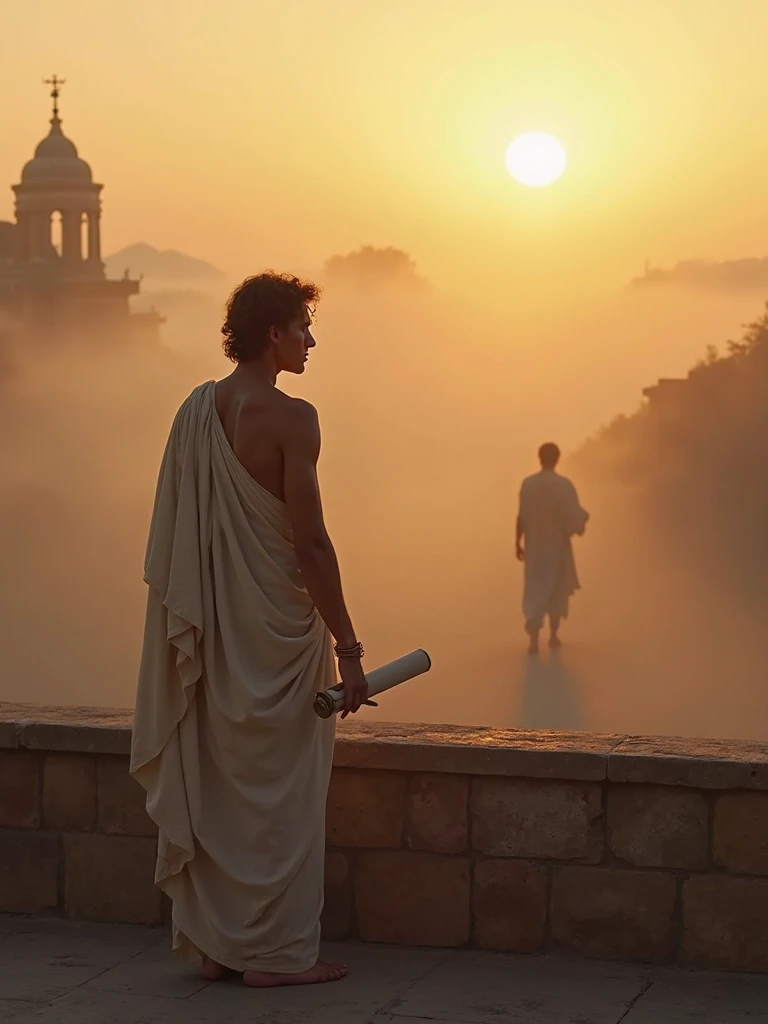 A contemplative Roman-inspired figure standing alone at the edge of a ...