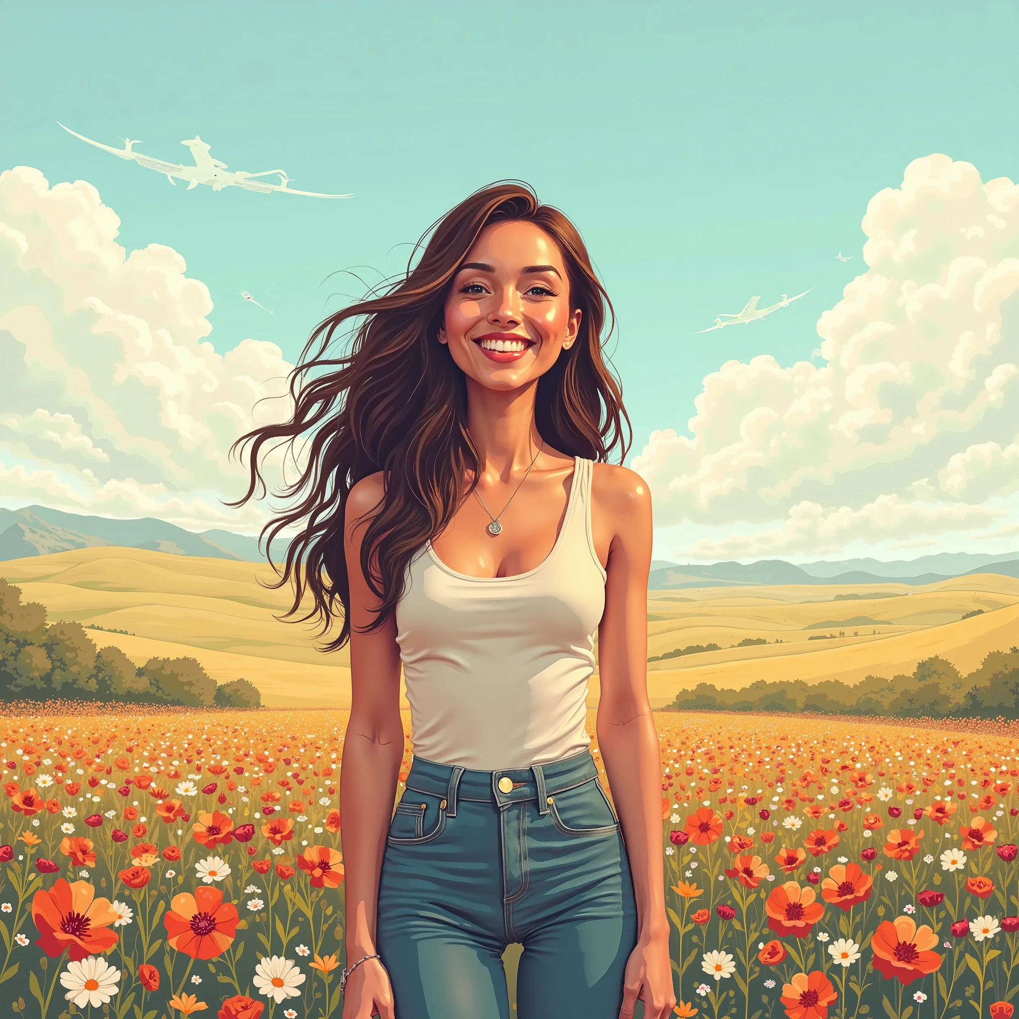 A portrait of an adult American woman in comic book style, smiling ...
