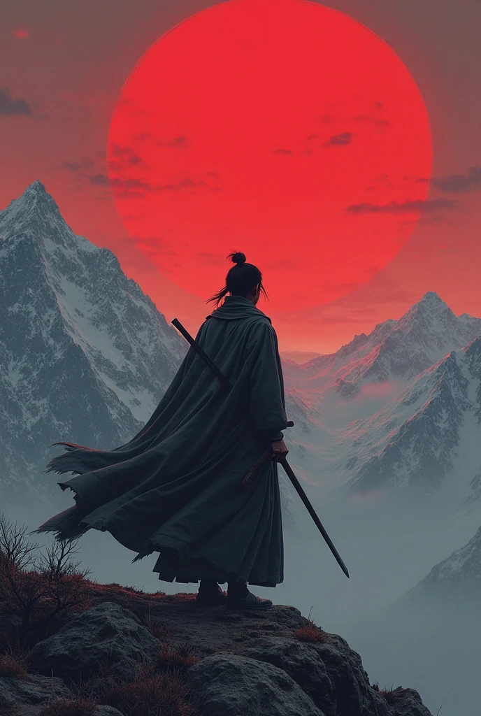 "A lone samurai stands on a mountain ridge at dusk, wind blowing his ...