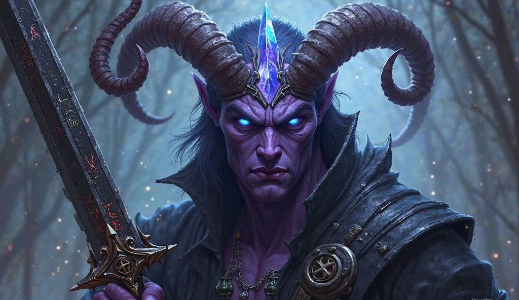 Portrait of Kaelgor Dreadspire, a sleek, tactical demon with violet ...