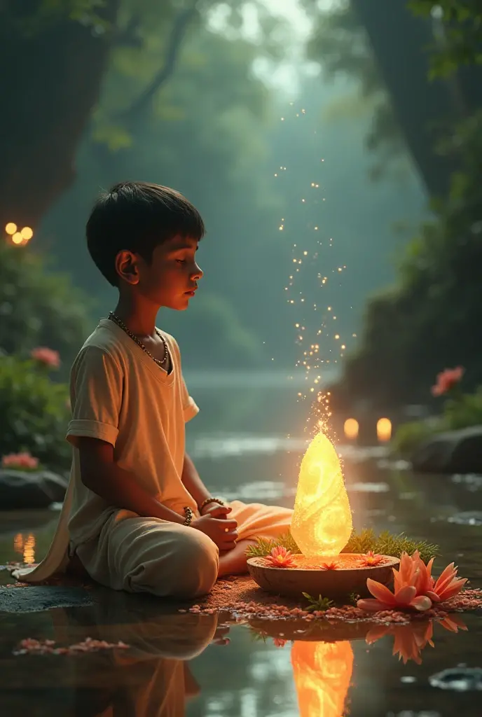 A child saint, inspired by Sant Manmath Swami, sitting peacefully near ...