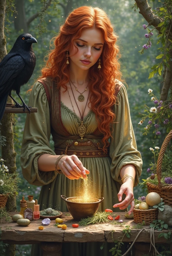 A realistic red-haired woman with long wavy or curly hair, slightly ...