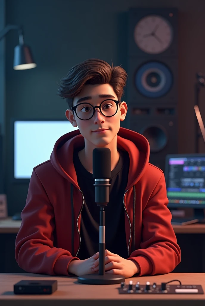 Behind a table, the character is wearing a black shirt and a red hoodie ...