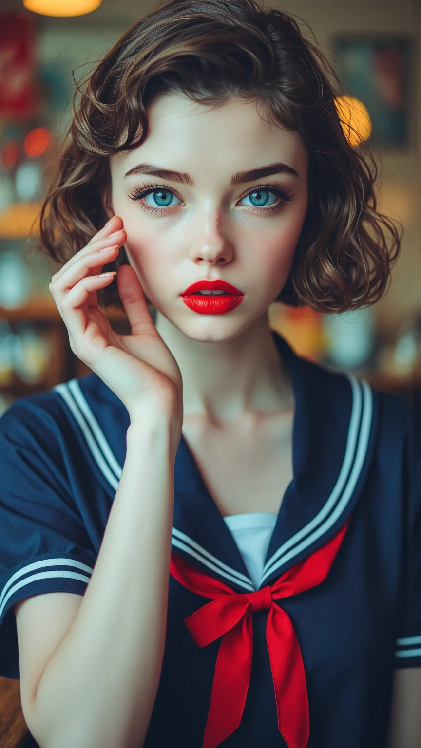 A cheeky 1940s nautical pin-up close-up. The woman wears a top with a ...