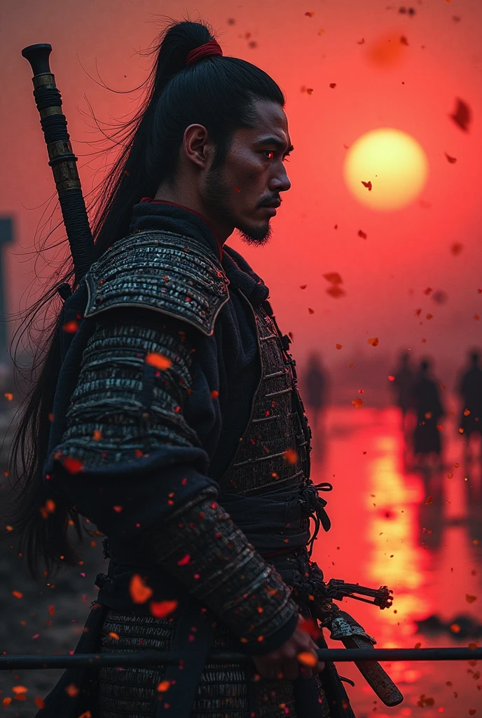 1 handsome man、 The back view of a wounded samurai standing on an ...