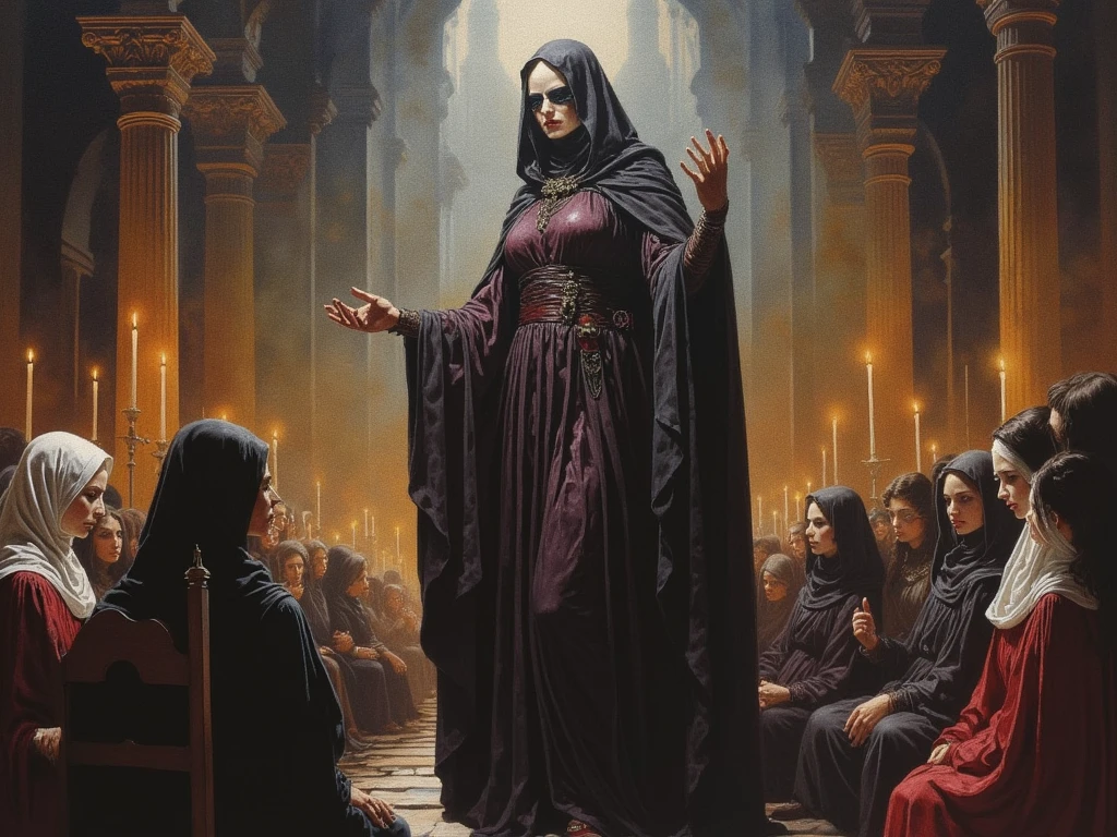 A dark fantasy painting of a tall broad shouldered female figure in a ...