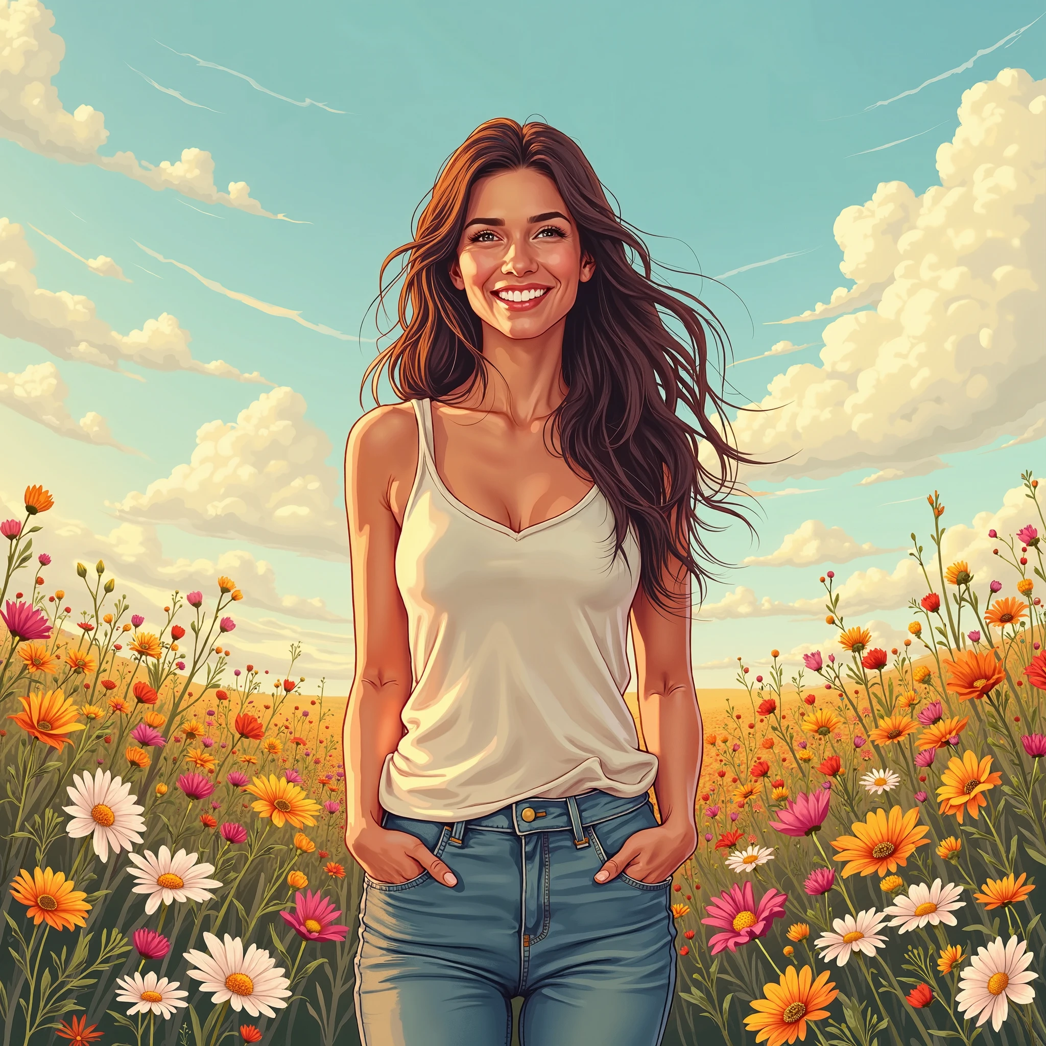 A portrait of an adult American woman in comic book style, smiling ...