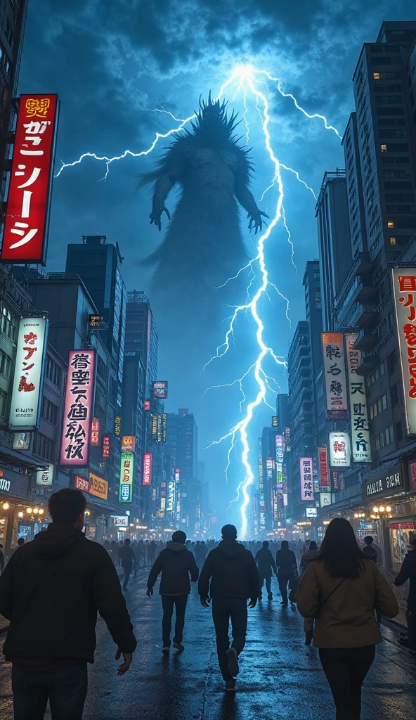 Night scene in Tokyo, illuminated skyscrapers and neon Japanese signs ...