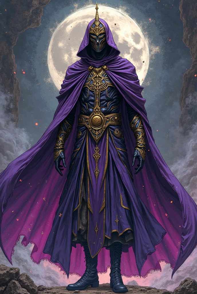 A strong dark mage with purple and gold long robe and cape, with a ...