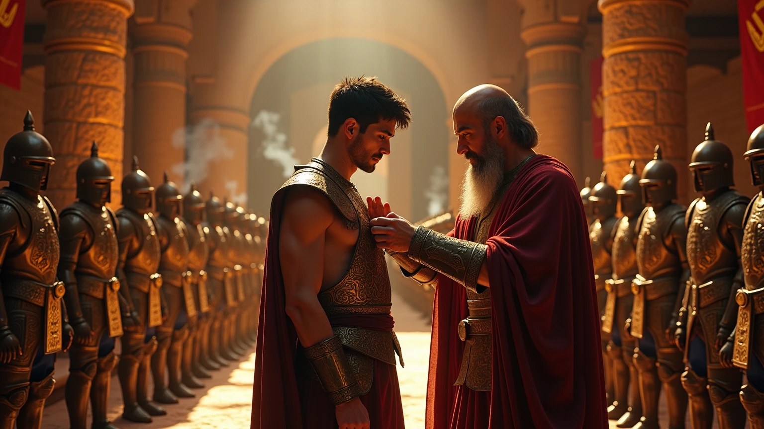 A breathtaking, cinematic painting of an ancient Persian royal armory ...