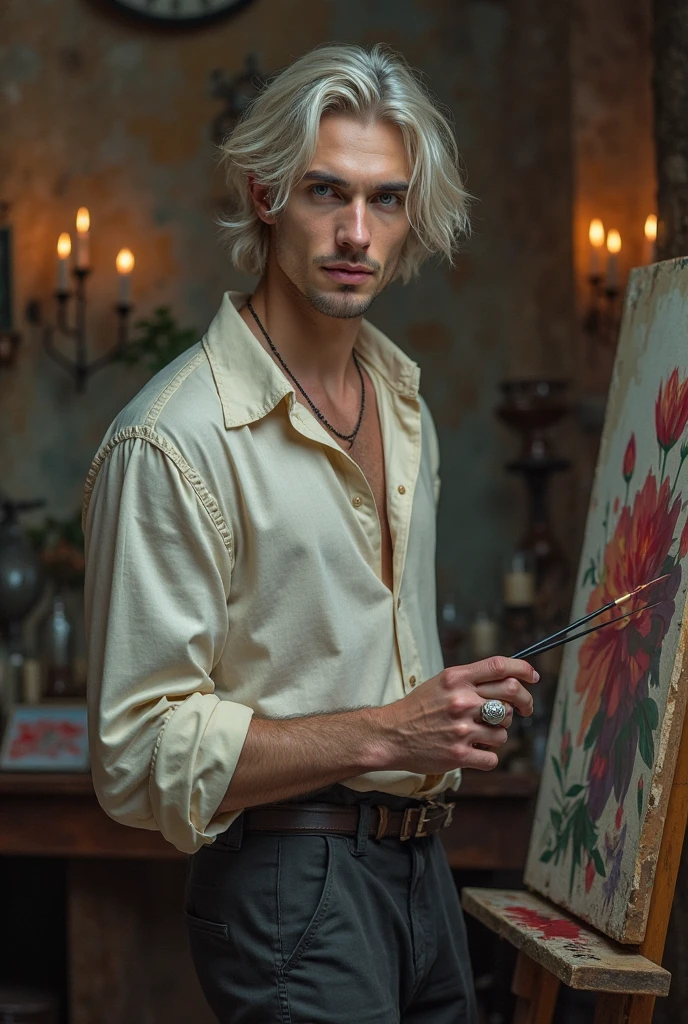 A handsome male vampire painter with delicate features and pale ivory ...