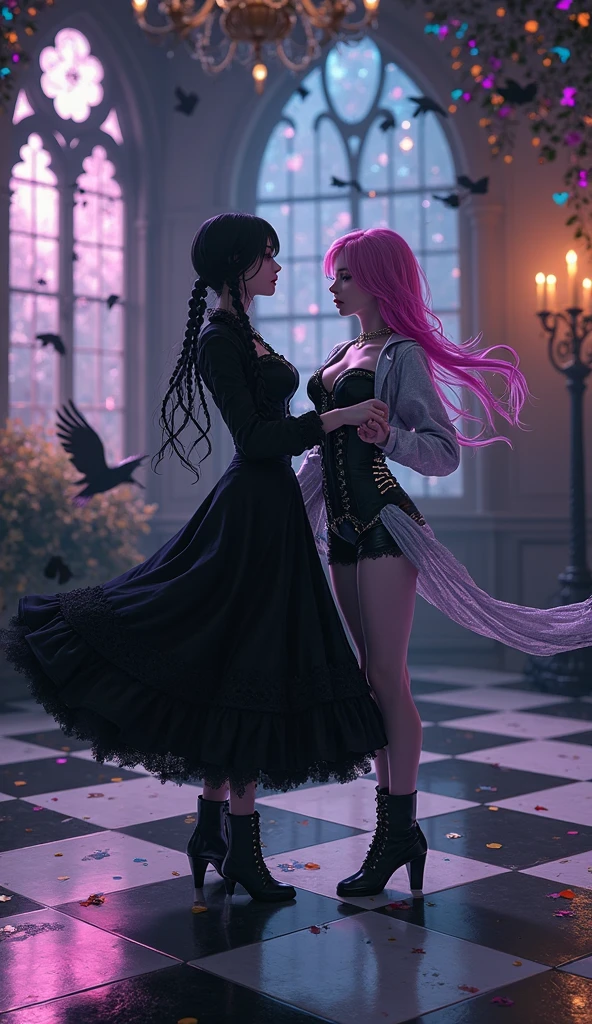 A stunning anime-realistic scene of Wednesday Addams and Enid Sinclair ...