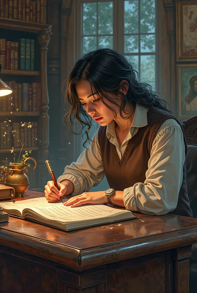 A 1700 pixel wide and 970 pixel high picture of a person writing a story and ima - SeaArt AI