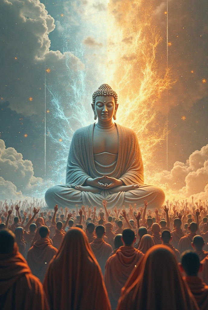 Buddha on sky in meditating poss. Left side of buddha spread water ...