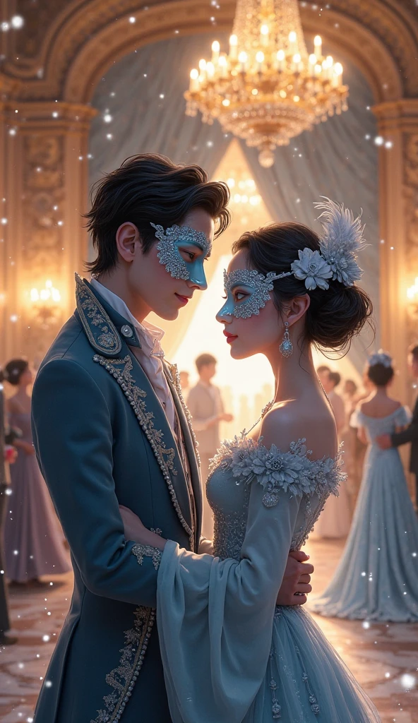 Wide cinematic shot of a regal Rococo masquerade ball in a grand 18th ...