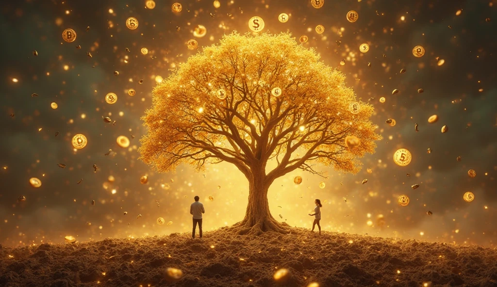 A glowing golden tree made entirely of coins and dollar bills grows ...