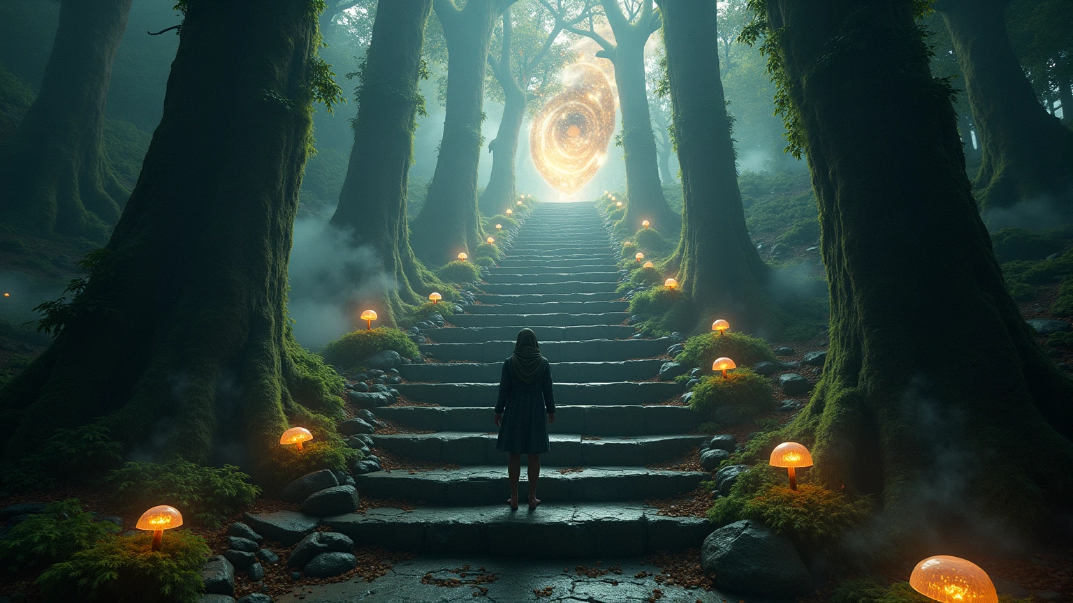 A mysterious stone staircase winds endlessly upward through a mist ...