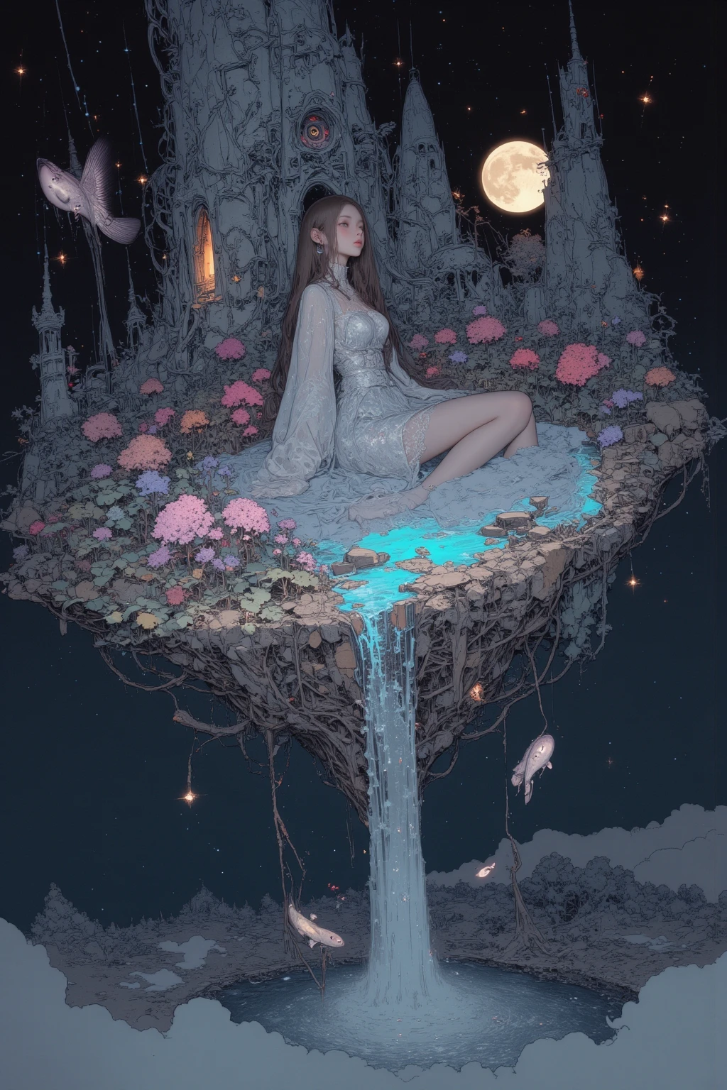 Sit on a small floating island floating in the night sky、 the fair ...