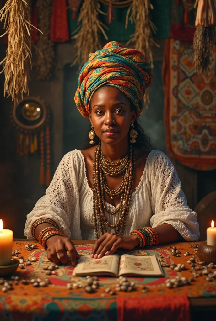 A mystical Afro-Brazilian fortune teller from Bahia, sitting behind a ...