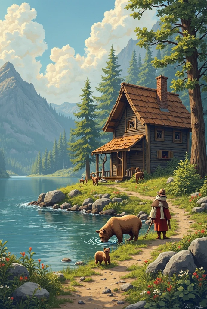 A carpenter (Carpenter) collects timbers from the riverbank to build ...