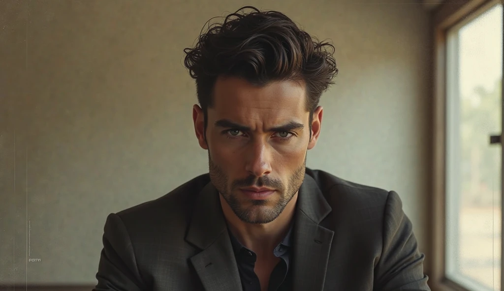 Create piece of art of sad beautiful man in middle and looking downward ...