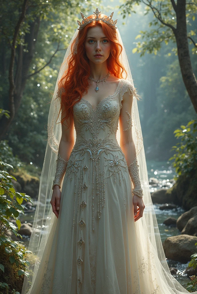 Redheaded bride wearing a Viking style dress with diamonds and a veil ...