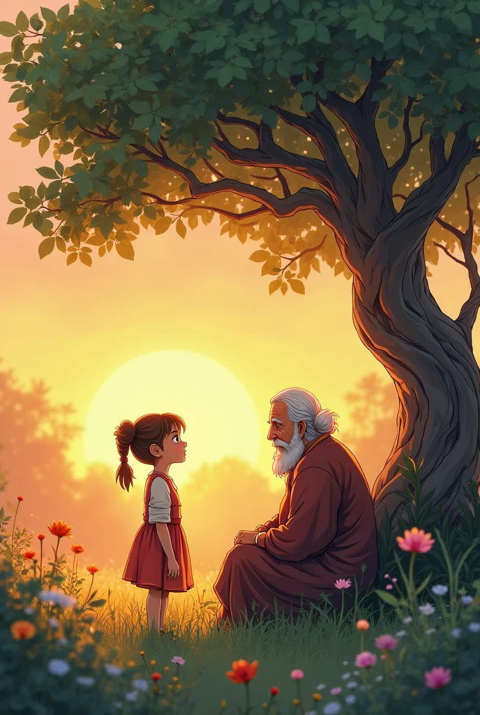 A peaceful garden at sunrise, with an old sage sitting under a large ...