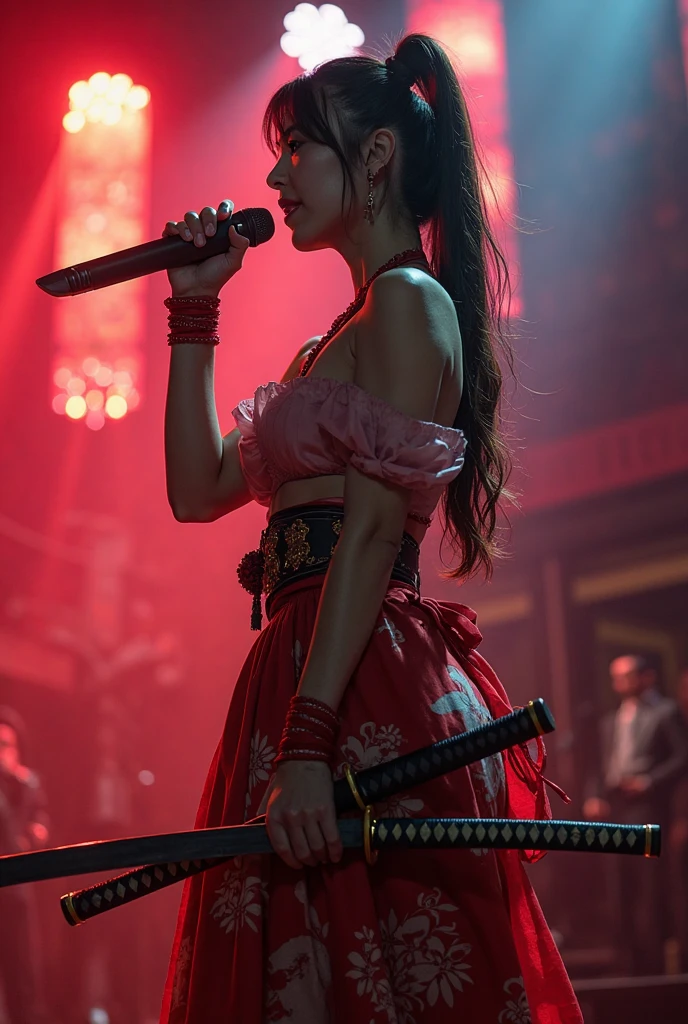 An idol singing on stage while holding a katana on her hips, realista ...