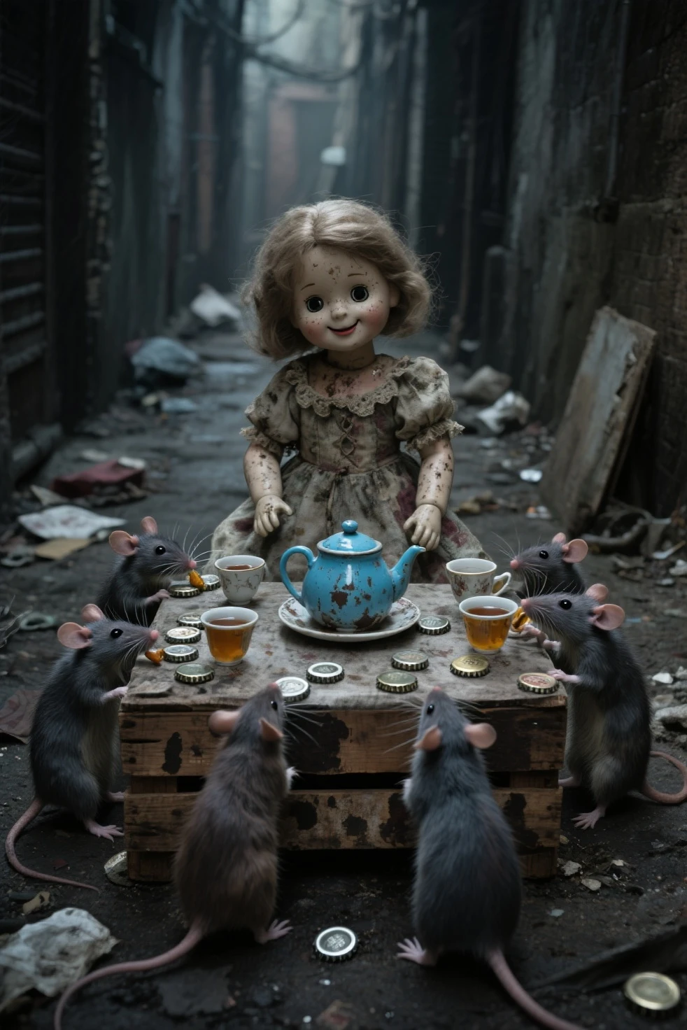 An eerie tableau of an abandoned doll in a grimy alleyway, staging a ...