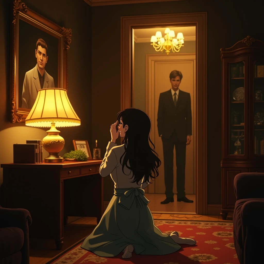 An anime-style scene in a luxurious, dimly lit study with glowing ...