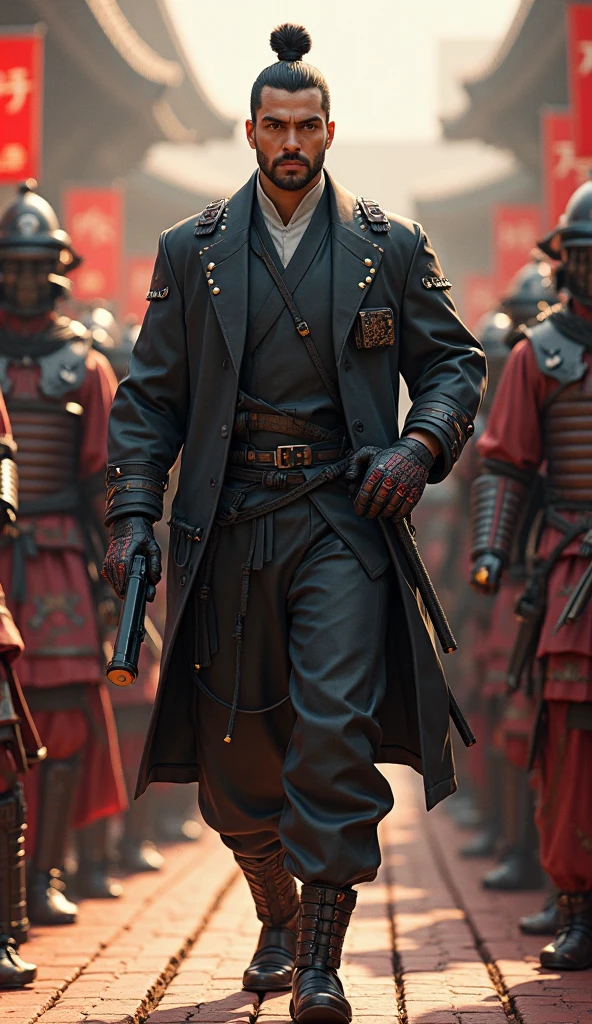 "Stylized 3D samurai walking through a group of traditional warriors ...