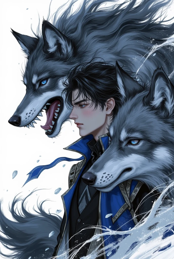 The spectacular image shows two: wolves and a male man in dynamic ...