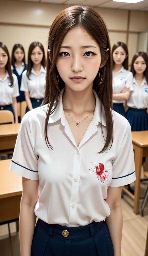 "A young high school student standing in a classroom, wearing a white ...