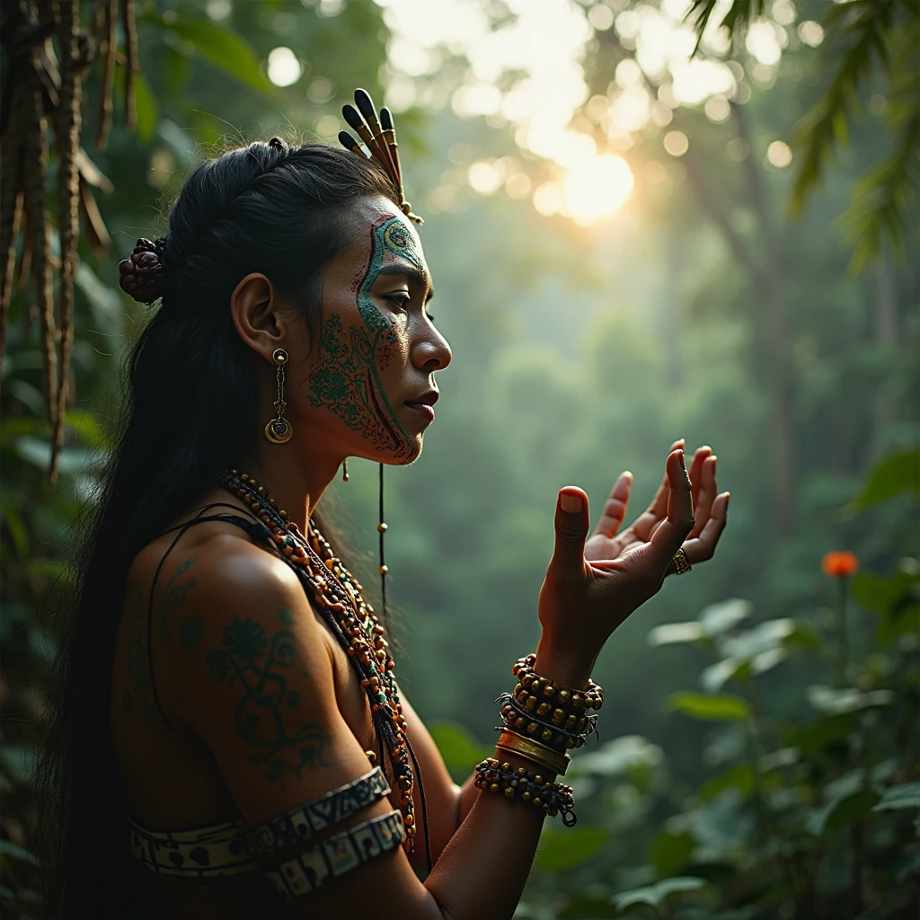 "ancient Amazonian Indian with traditional face painting pointing to ...