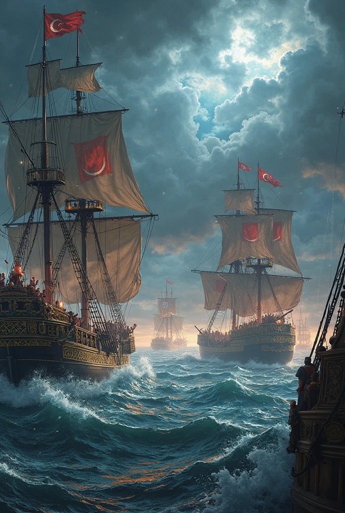Naval battle scene — Ottoman galleons clashing with European fleets ...