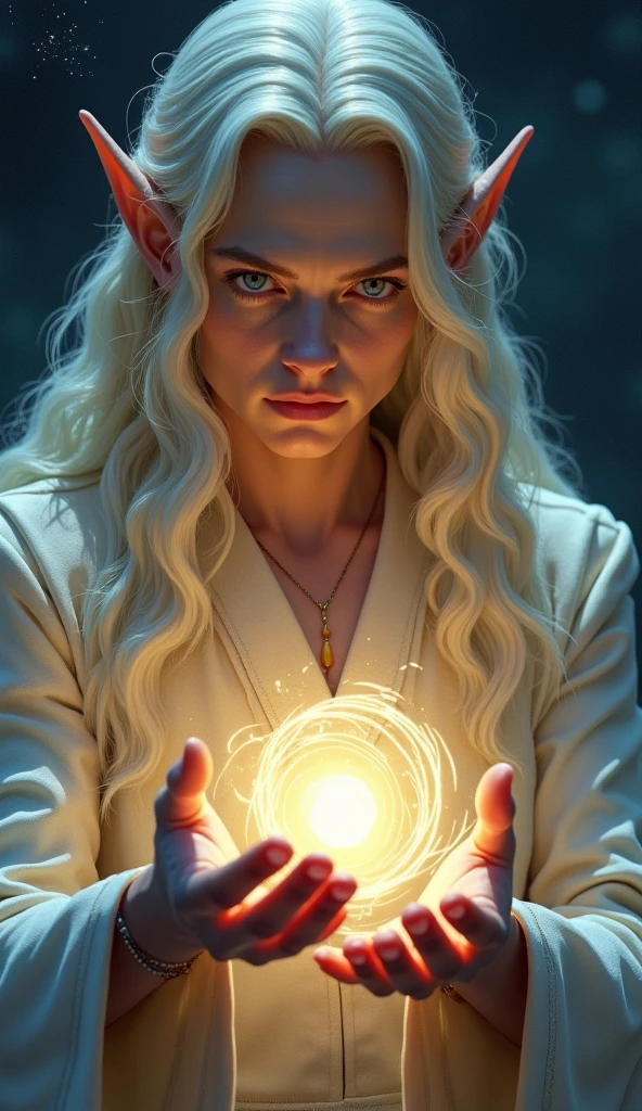 A mesmerizing close-up image of an elf man summoning a magic in his ...
