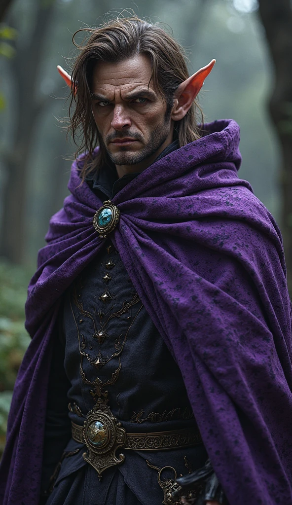 An evil-faced elf with a medieval purple cape, brown hair and dark eyes ...