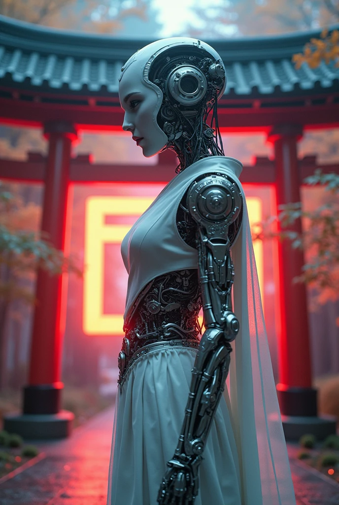 Shrine Maiden Cyborg、Machine Body、Machine skeleton、shrine、neon - SeaArt AI