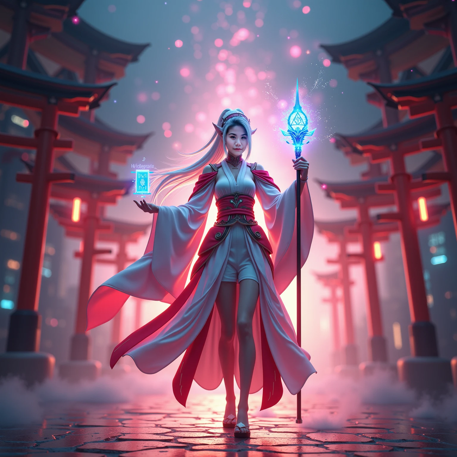 A stunning futuristic shrine maiden standing amidst a glowing ancient ...