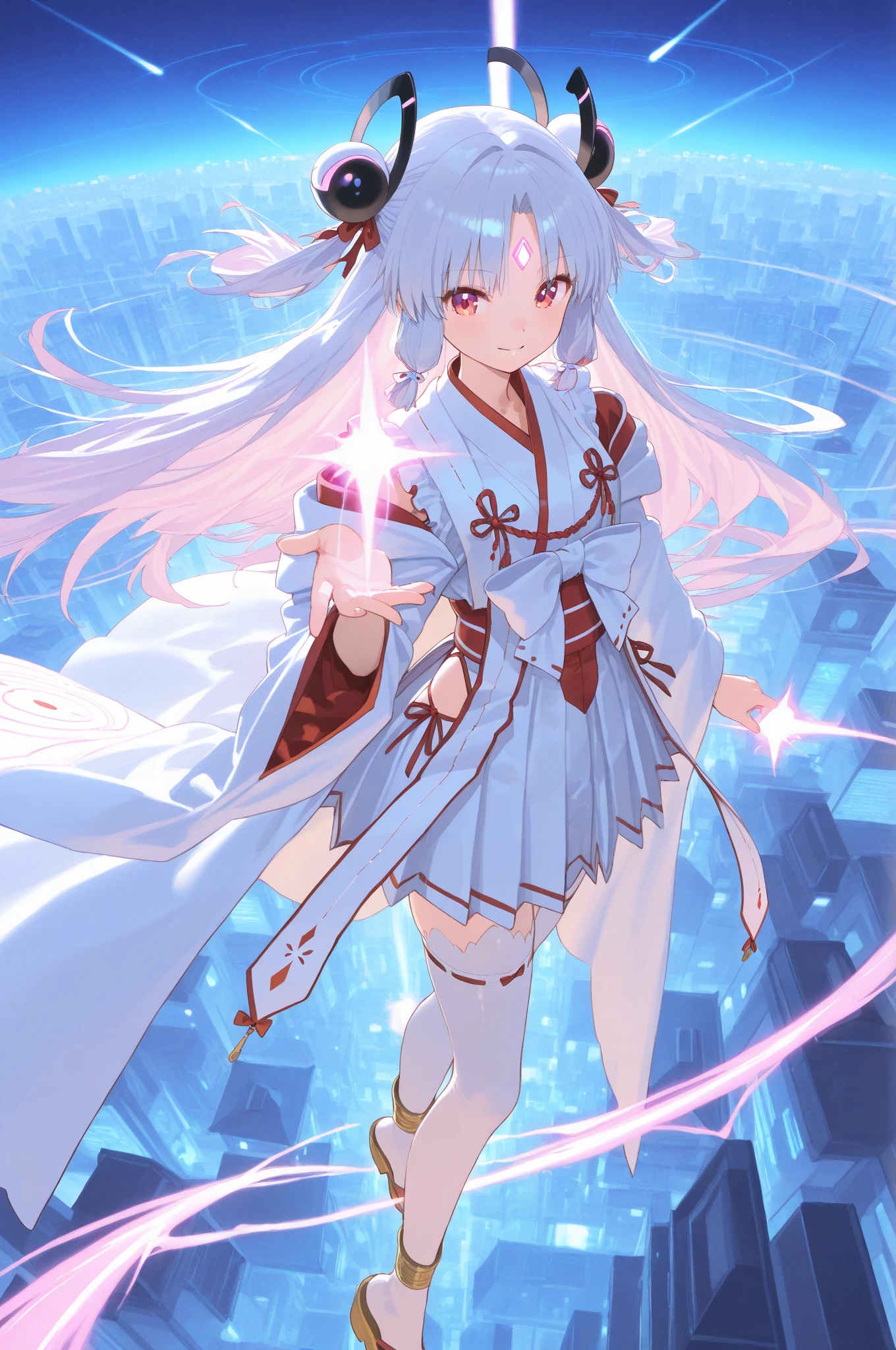 shrine maiden cybernetic enhancements mid-air dynamic pose futuristic ...