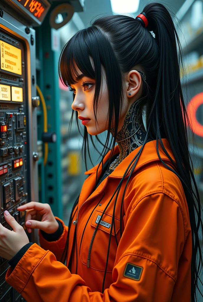 A picture of a girl in an electronics lab in a cool orange color - SeaArt AI