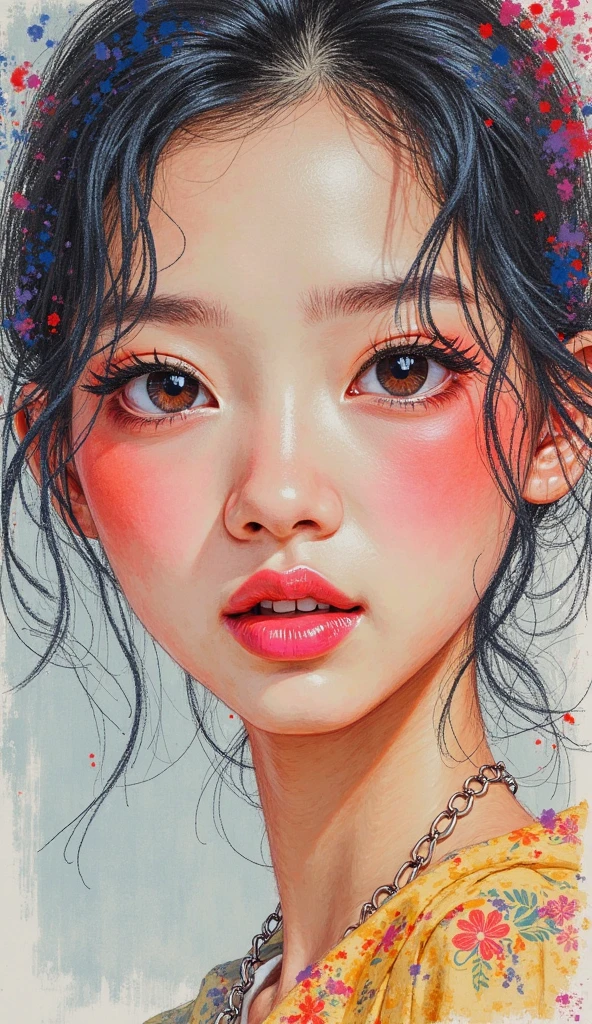 Close up view of beautiful asian woman face, simple crayon drawing ...