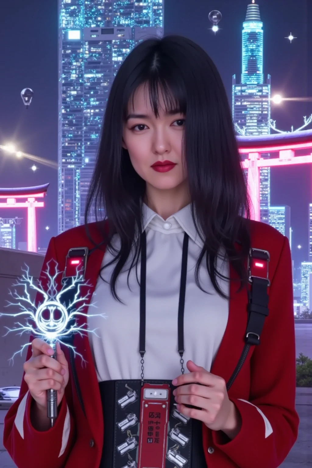 Picture a futuristic shrine maiden wielding technology and magic ...
