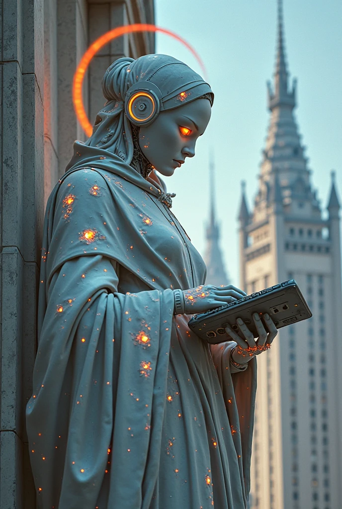 Building with spires and monitors, pattern with a statue of a cyborg ...