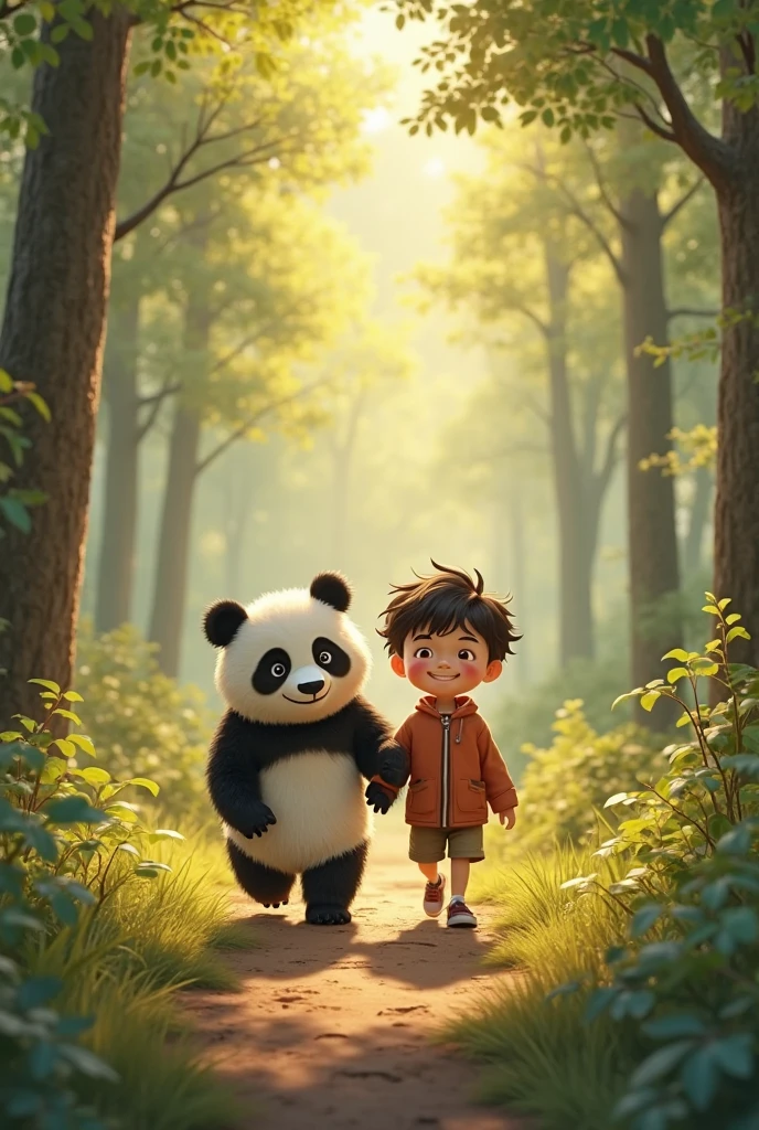 panda and boy walking together in forest, friendship vibe, sun rays ...