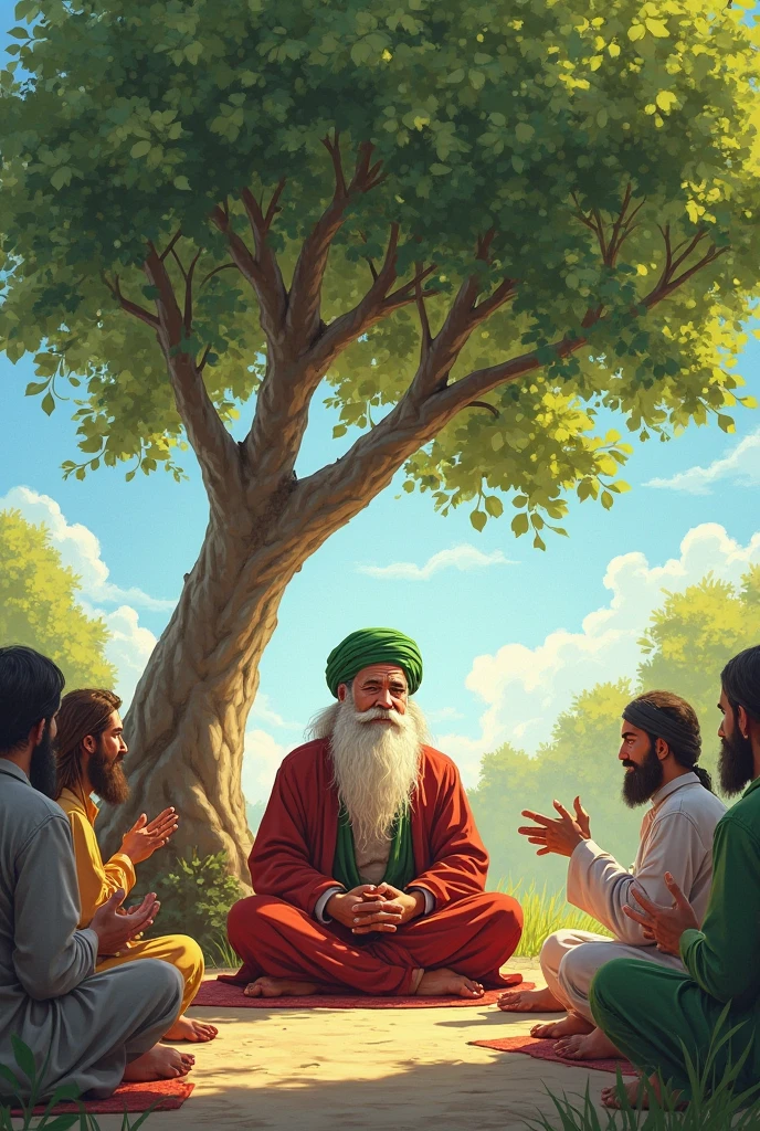 A semi-realistic spiritual gathering under a large green tree - SeaArt AI