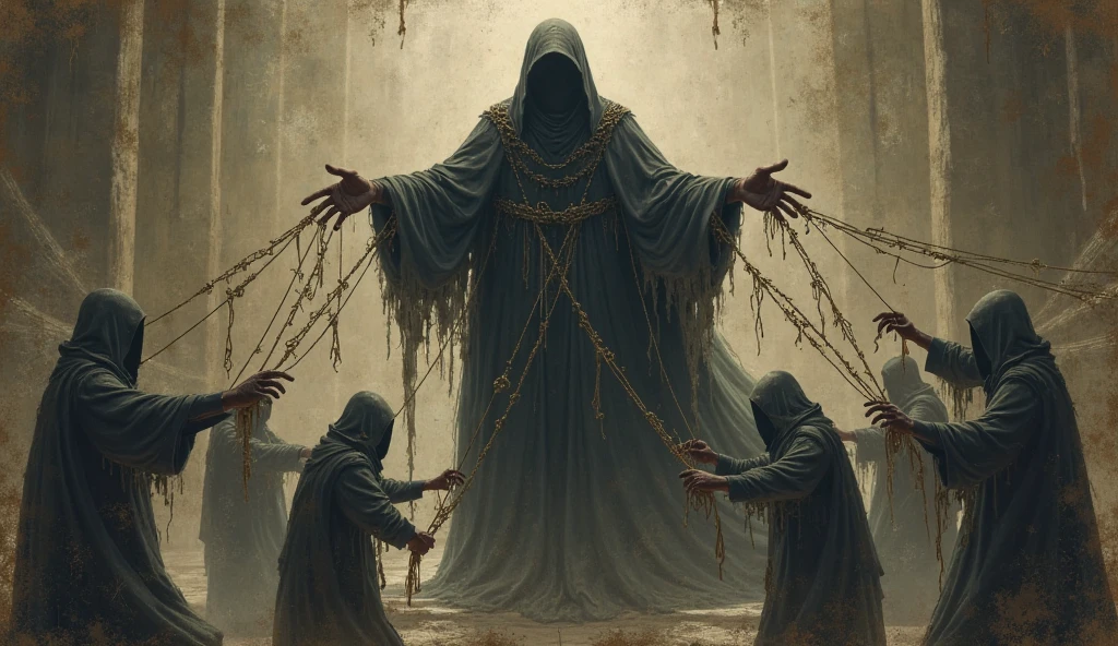 A shadowy figure with outstretched hands, pulling invisible strings ...
