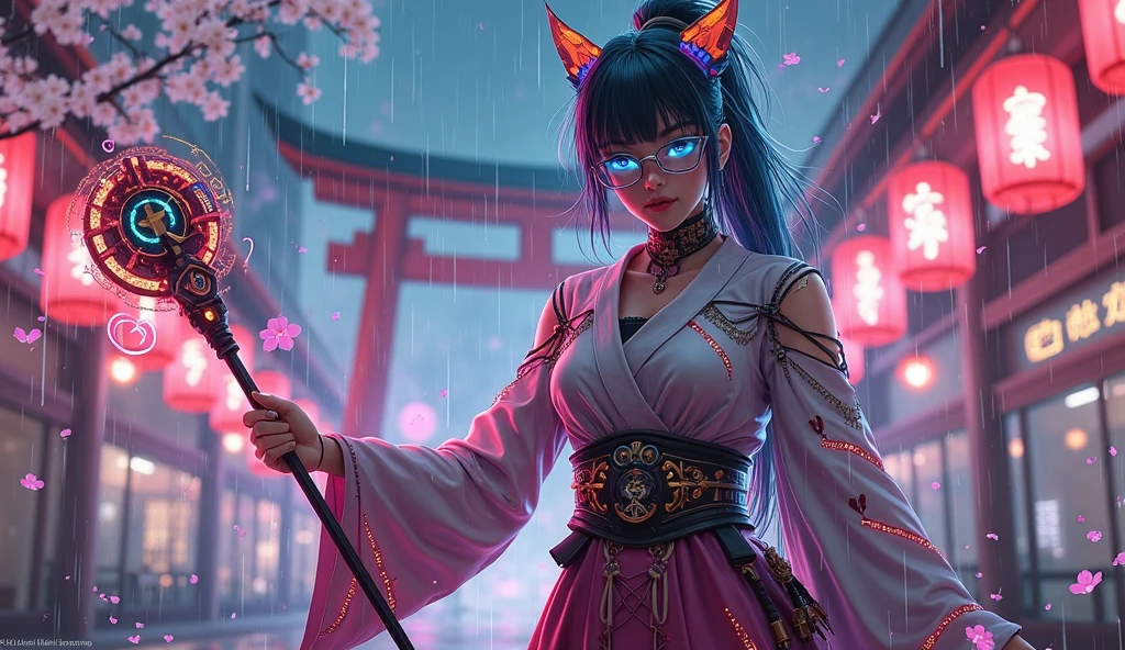 A futuristic cyber shrine maiden, blending ancient Shinto aesthetics ...